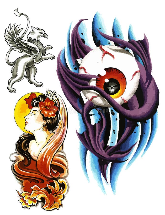 Fantasy Tattoo Flash Set. Set of Labels and Elements. Vector Set ...