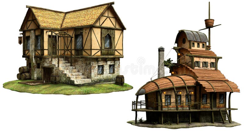Fantasy Tavern Buildings 3D Illustration Stock Illustration ...
