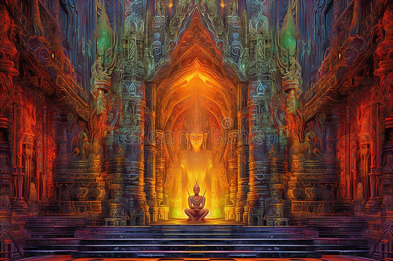 A Fantasy Temple with a Golden Buddha in the Middle Stock Illustration ...