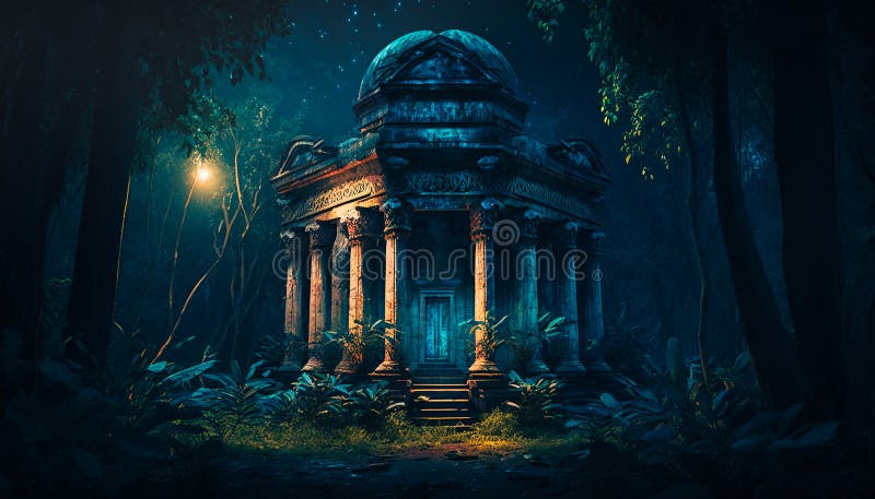 Fantasy Temple in Tropical Forest at Night Old Bui, Generative AI Stock ...