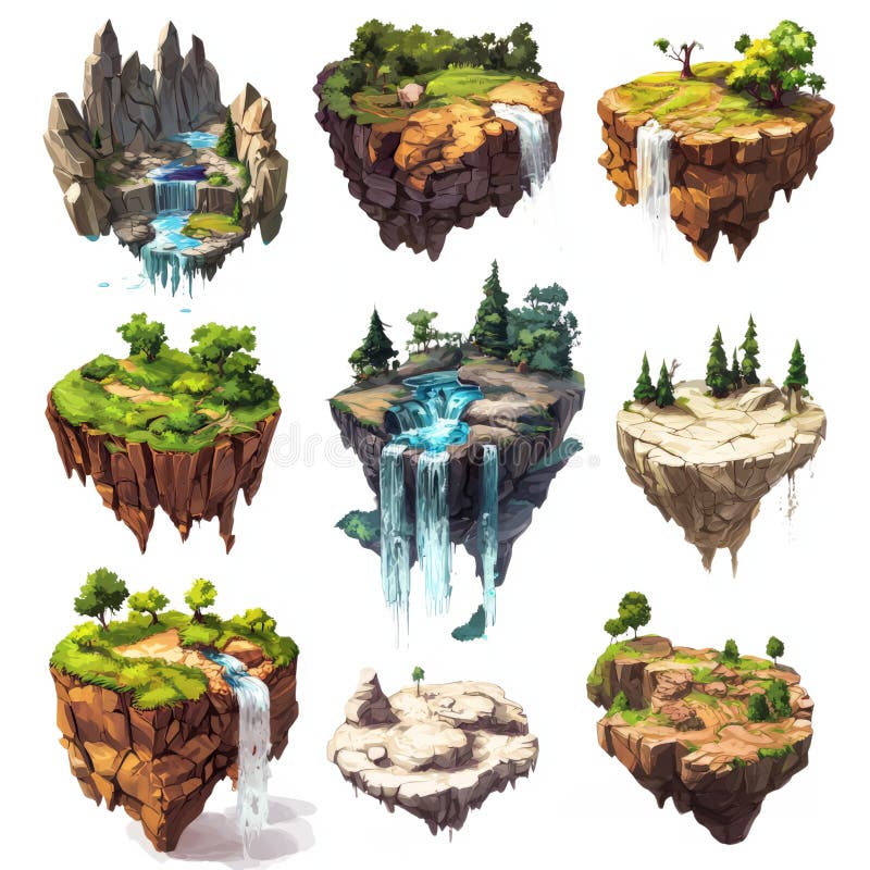 Fantasy Terrain Elements, Including Floating Islands, Waterfalls, and ...