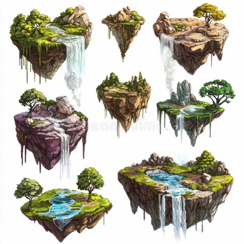 Fantasy Terrain Elements, Including Floating Islands, Waterfalls, and ...