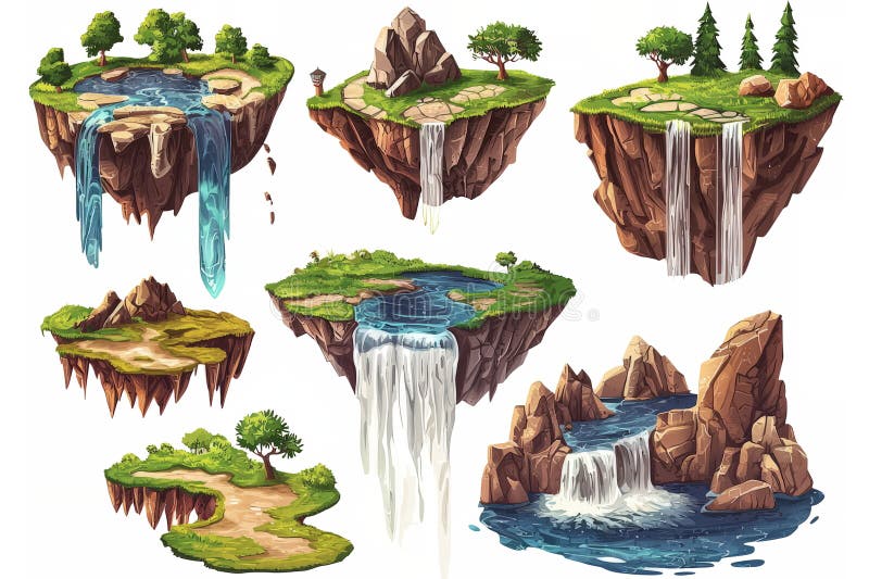 Fantasy Terrain Elements, Including Floating Islands, Waterfalls, and ...