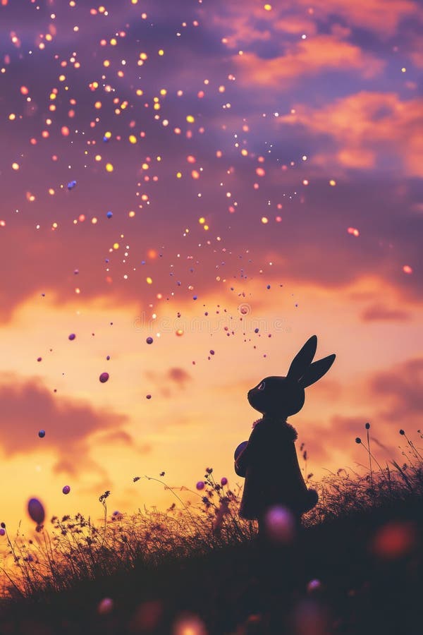 A Fantasy-themed Easter Bunny Standing on a Hill at Sunset, Watching ...