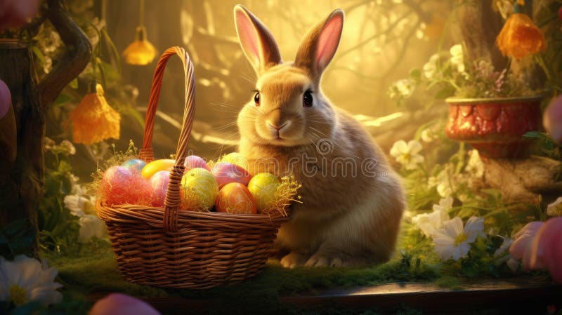 An Easter Bunny And A Whimsical Easter Hamper Filled With Eggs And Chicks Creating A Magical