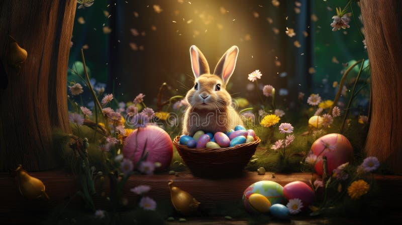 An Easter Bunny and a Whimsical Easter Hamper Filled with Eggs and ...