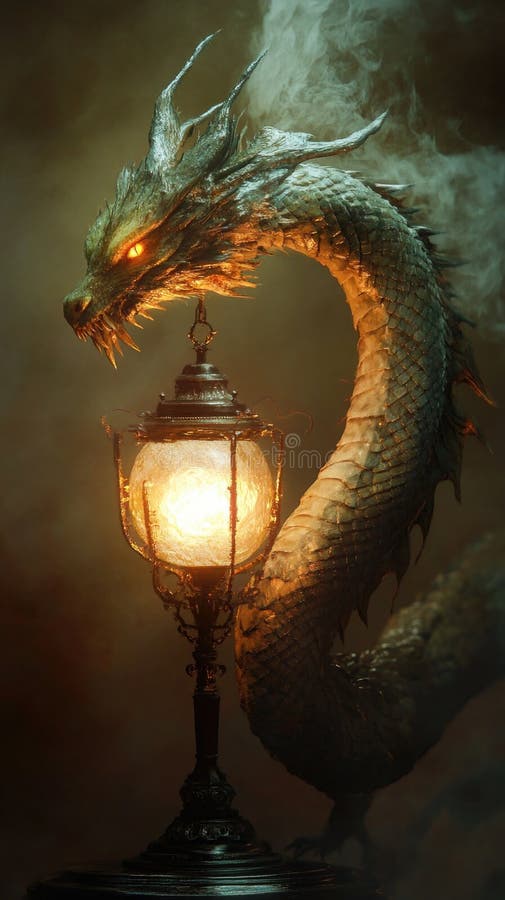 A Fantasy-themed Lamp with a Dragon Design and Smoke Emanating from Its ...