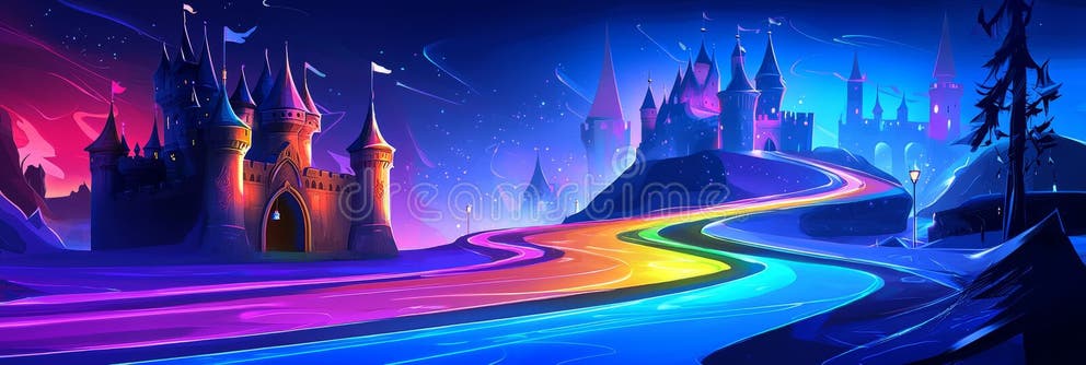 Fantasy-themed Rainbow Playground with Castle Structures and Glowing ...