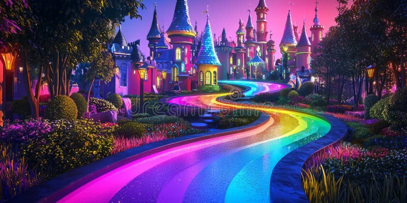 Fantasy Themed Rainbow Playground Castle Structures Glowing Paths Stock ...