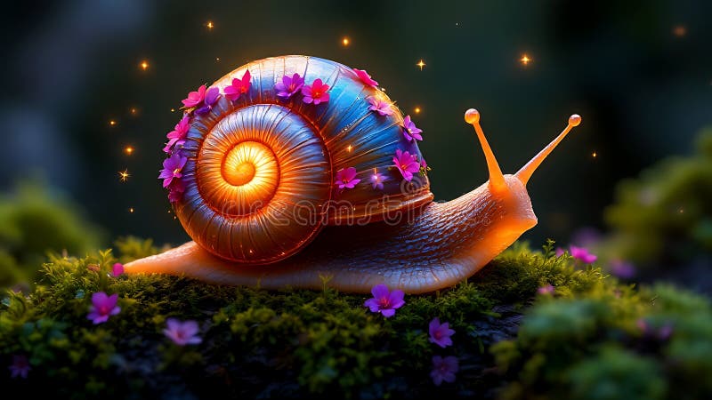 Magical Snail with Glowing Shell in a Dreamy Forest Scene Stock ...