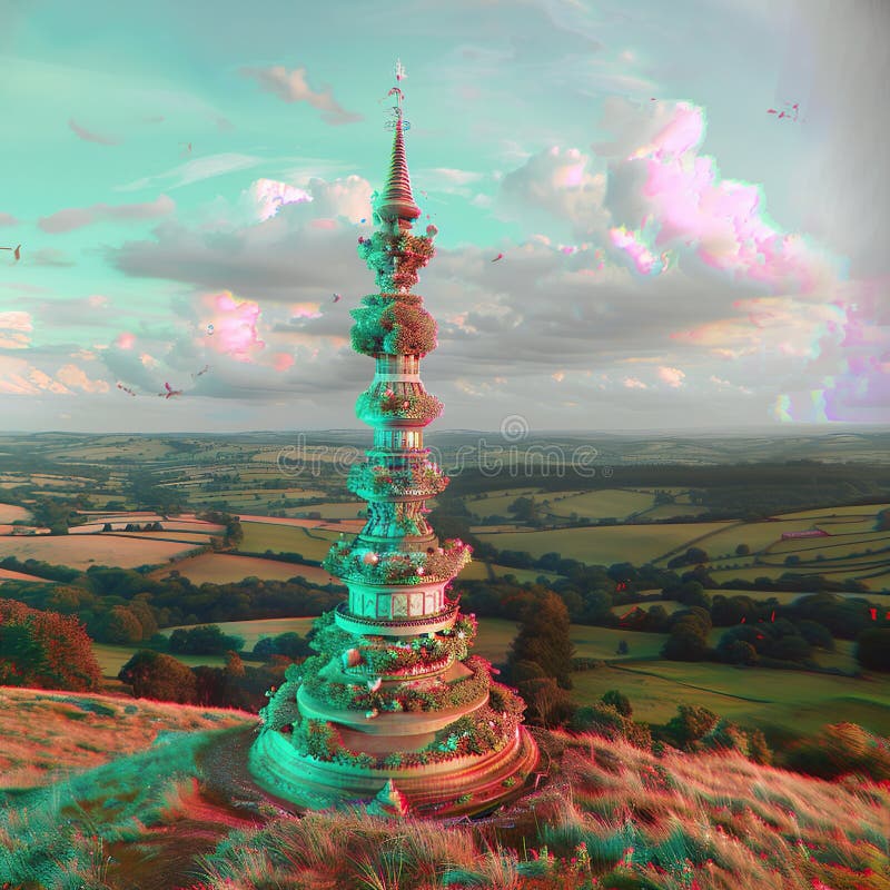 Fantasy Tower on Hilltop, Scenic Landscape Stock Illustration ...