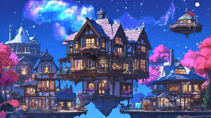Fantasy Town Floating House Night Стоковое Изображение - изображение ...