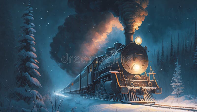Fantasy Train Across a Winter Wilderness in a Dark Icy Night Generative ...