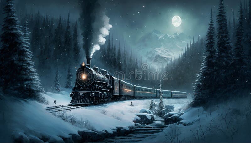 Fantasy Train Across a Winter Wilderness in Full Moon Night Generative ...