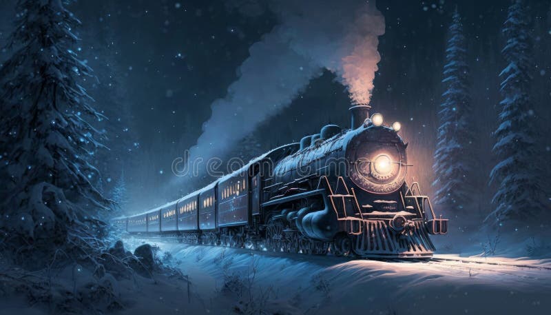 Fantasy Train Across a Winter Wilderness between Trees Moon and Ice ...
