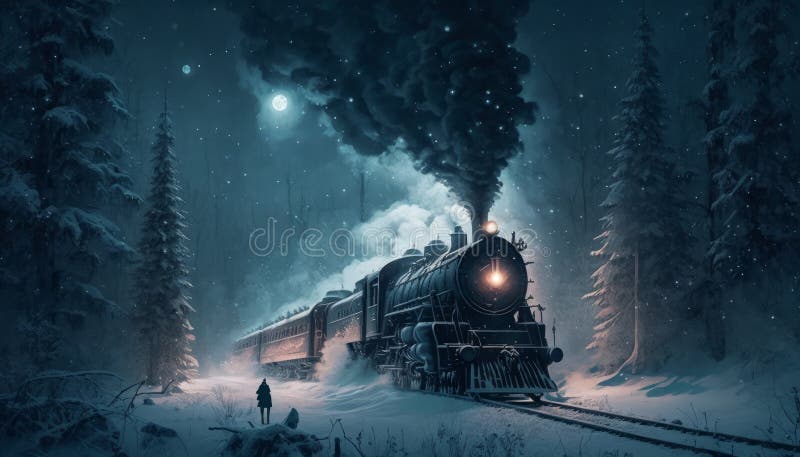 Fantasy Train Running at the Icy Area in Dark Night Generative AI Stock ...