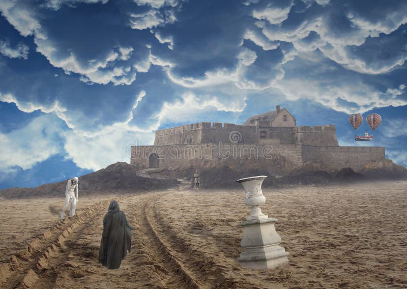 Fantasy Traveler Walks on a Strange Beach To a Stone Castle Stock Photo ...