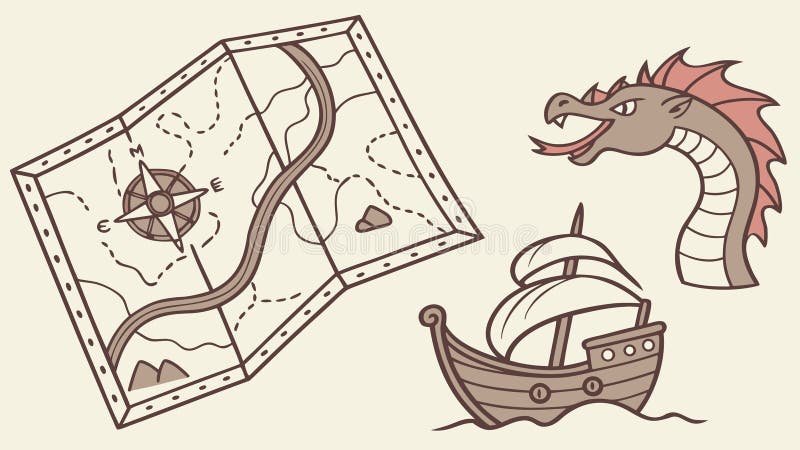 A Fantasy Treasure Map with a Dragon, a Ship, and a Marked Island ...