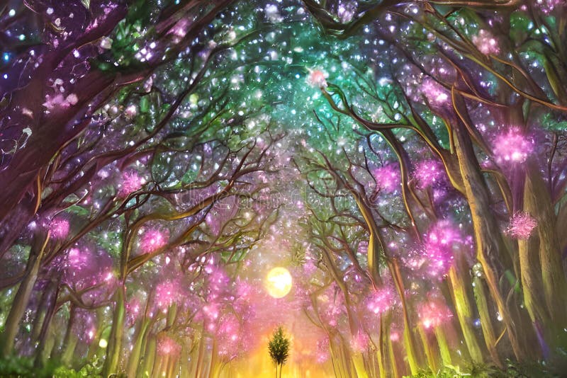 Beautiful Night Sky Shining through Canopy of Trees Stock Illustration ...