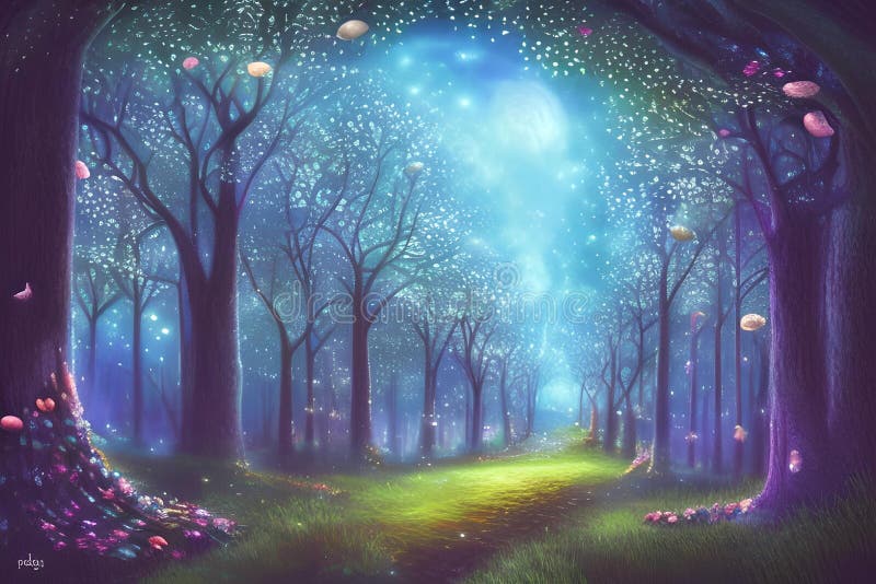 Beautiful Night Sky Shining through Canopy of Trees Stock Illustration ...