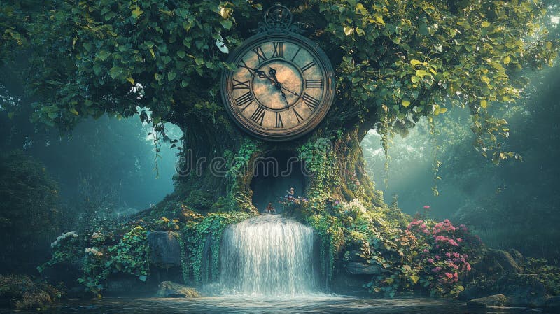 Fantasy Tree with Clock and Waterfall Surrounded by Lush Greenery Stock ...