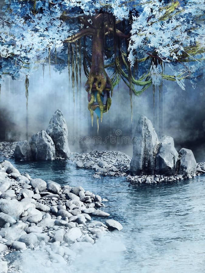 Fantasy tree with flowers stock illustration. Illustration of dark ...