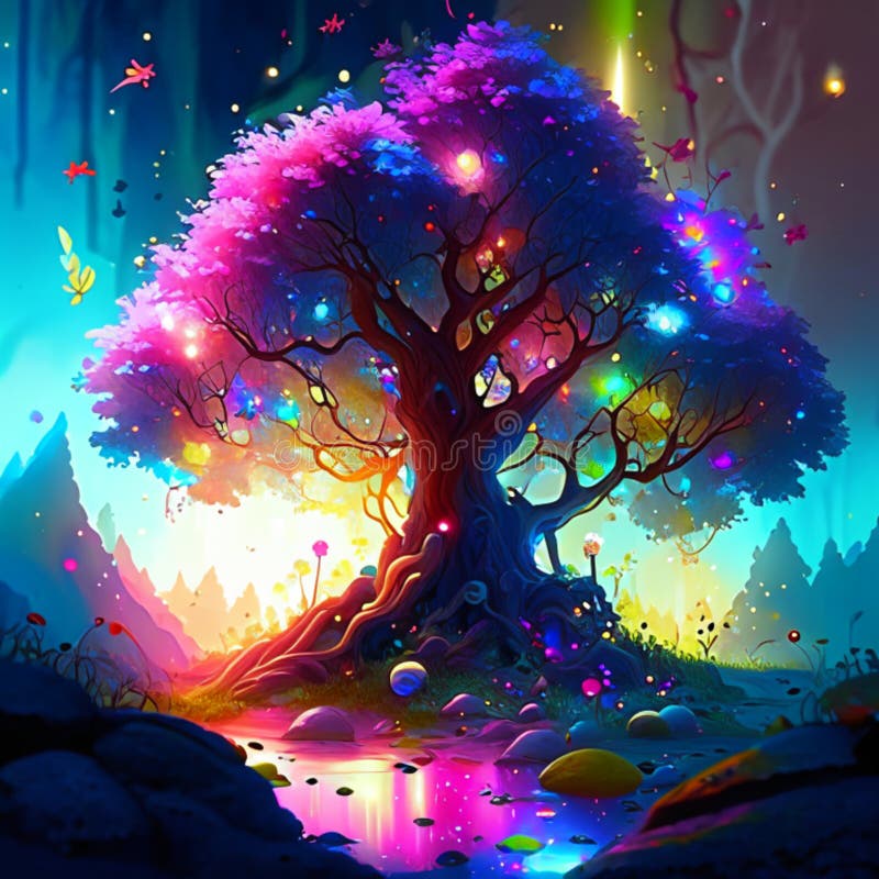 Fantasy Tree in the Forest. 3d Rendering. Computer Digital Drawing ...