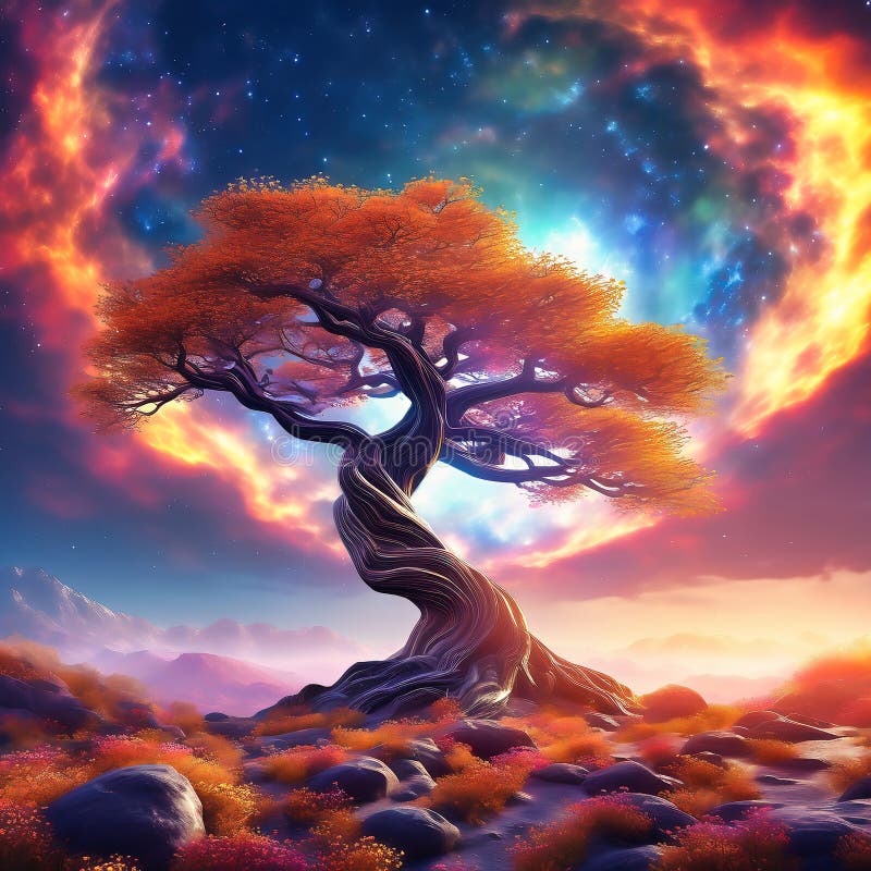 Fantasy Tree in Front of a Starry Sky with Colorful Clouds in the ...