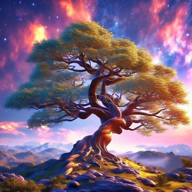 Fantasy Tree in Front of a Starry Sky with Colorful Clouds in the ...