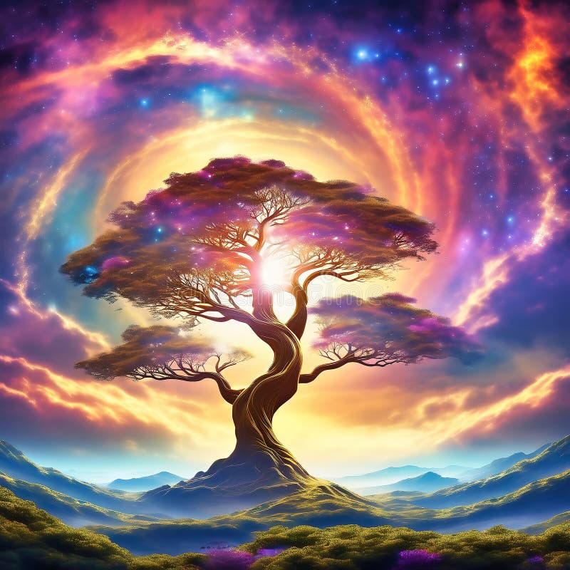 Fantasy Tree in Front of a Starry Sky with Colorful Clouds in the ...