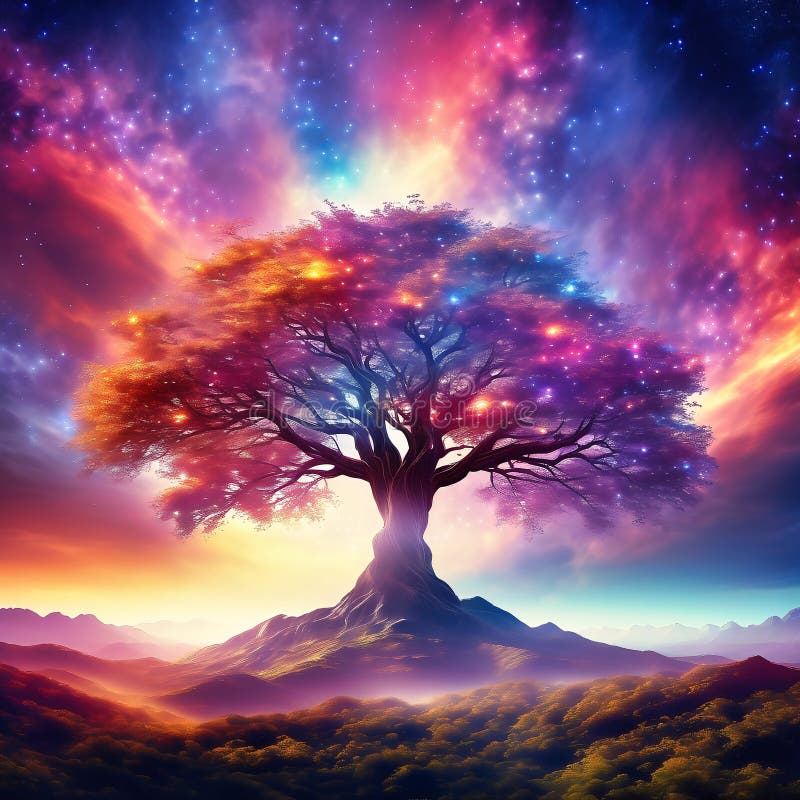 Fantasy Tree in Front of a Starry Sky with Colorful Clouds in the ...