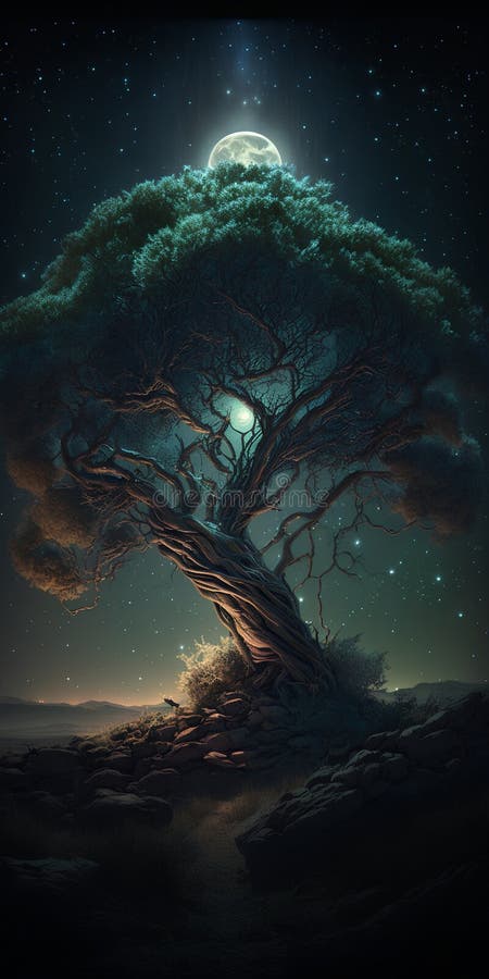 Fantasy Tree with Full Moon in the Night Sky. 3D Illustration Stock ...