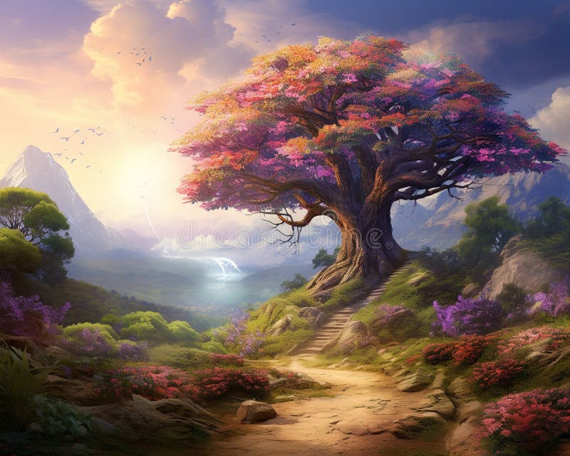 Fantasy Tree with Gardens and Path As a Digital Digital. Stock ...