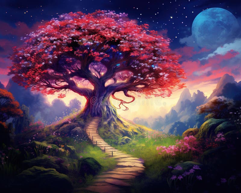 Fantasy Tree with Gardens and Path As a Digital Digital. Stock ...