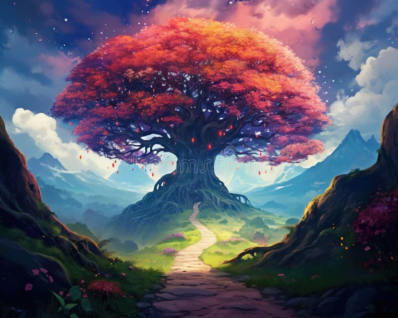Fantasy Tree with Gardens and Path As a Digital Digital. Stock Photo ...
