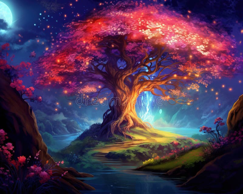 Fantasy Tree with Gardens and Path As a Digital Digital. Stock ...