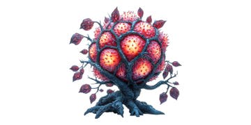 Fantasy Tree with Glowing Red Orb-like Fruit Isolated on Transparent ...
