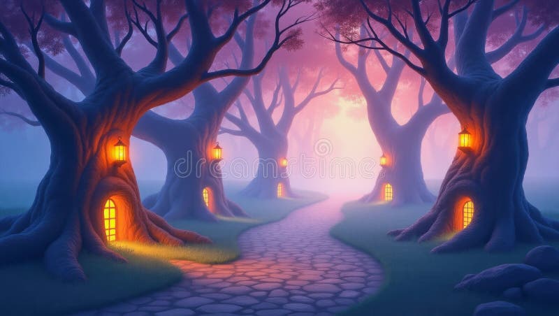 Fantasy Tree Homes Illuminate a Mystical Forest Pathway at Dusk Stock ...