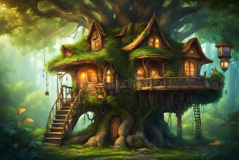 Fantasy Tree House in Deep Forest. Stock Illustration - Illustration of ...