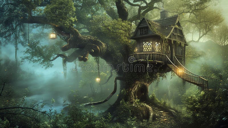 Fantasy Tree House. Fairytale Fantasy Landscape, Tree House. Generative ...