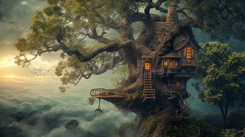 Fantasy Tree House. Fairytale Fantasy Landscape, Tree House. Generative ...