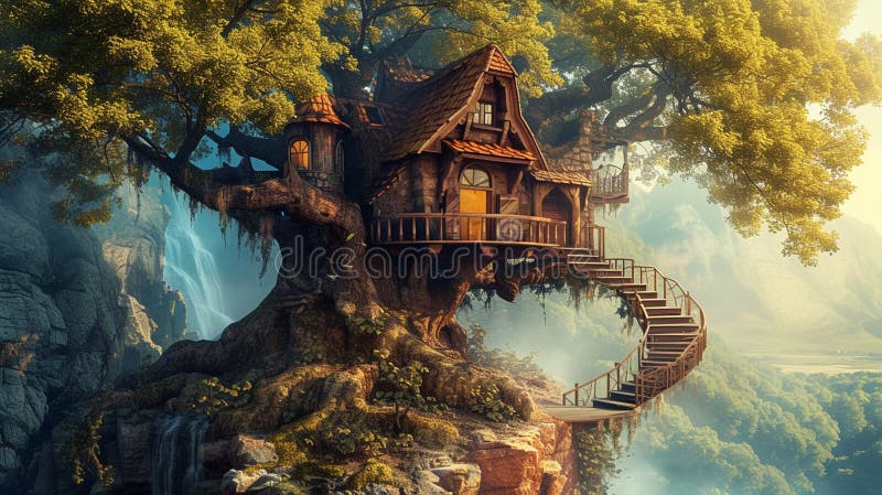 Fantasy Tree House. Fairytale Fantasy Landscape, Tree House. Generative ...