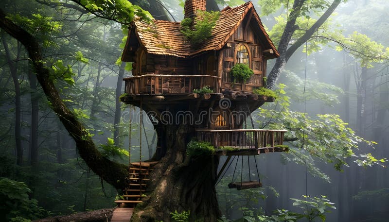 Tree house in forest stock illustration. Illustration of nature - 311841790