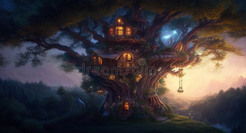 Fantasy Tree House with Light in the Forest Stock Photo - Image of ...