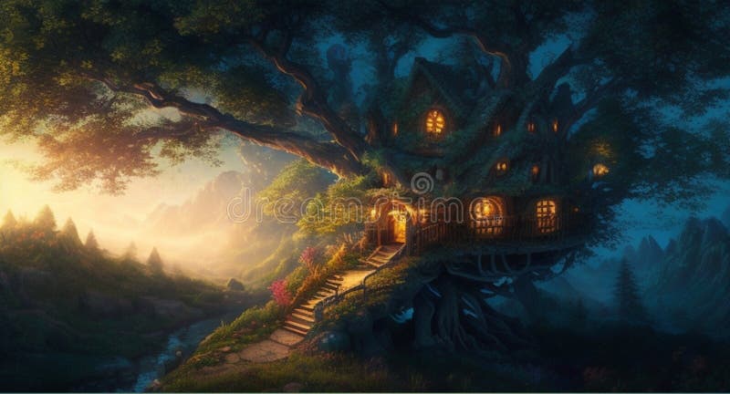 Fantasy Tree House with Light in the Forest Stock Image - Image of ...