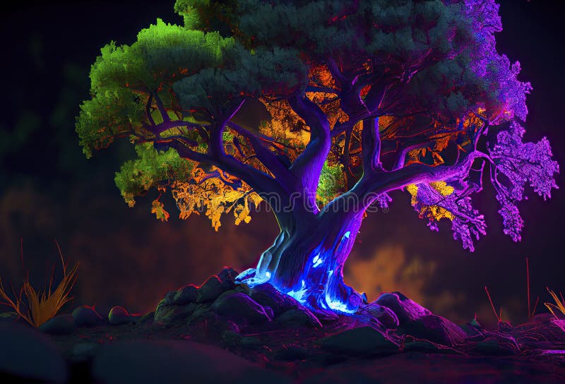 Fantasy Tree, Neon Colors, Magical Lights in the Forest. Generative Ai ...
