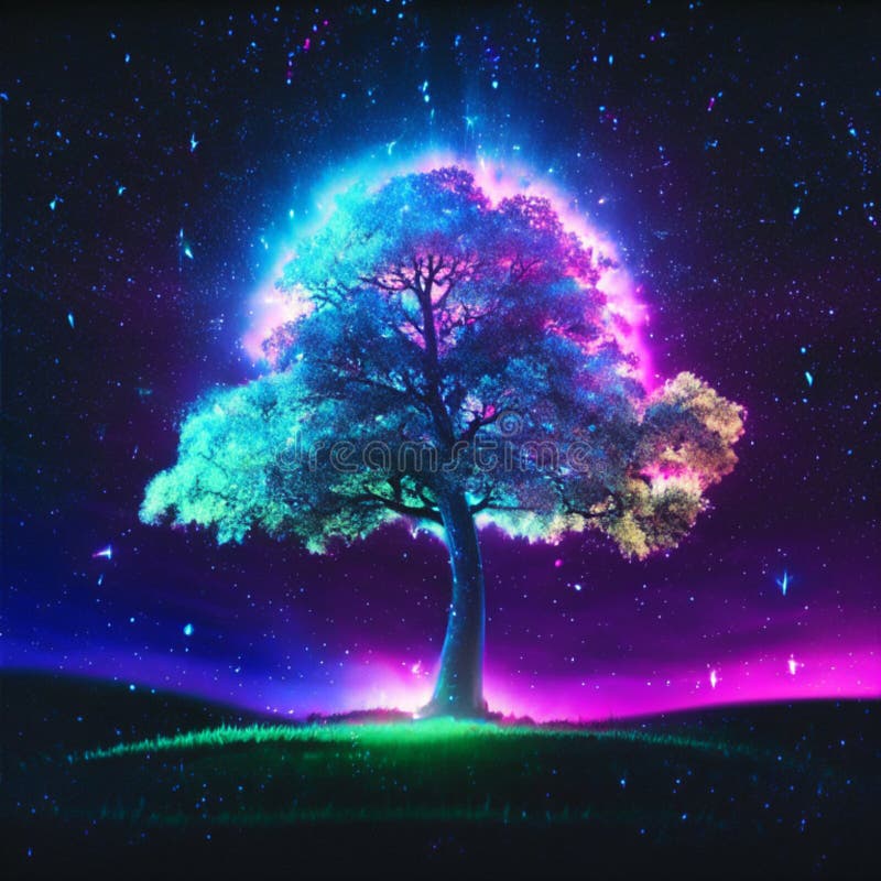 Fantasy Tree in the Night Starry Sky. 3d Rendering AI Generated Stock ...
