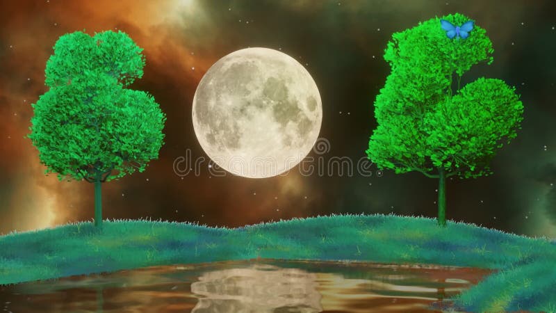 Fantasy Tree Park on Full Moon Night by the Lake : Lofi Animation Loop ...
