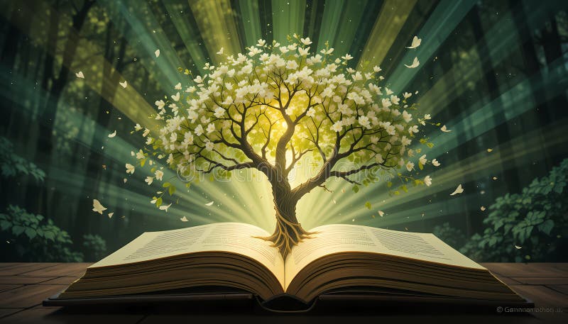 Fantasy Tree Sprouting from an Open Book, Symbolizing Growth, Learning, and Nature Stock ...