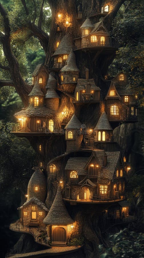 Fantasy Tree Village with Cozy Illuminated Homes Stock Photo - Image of ...